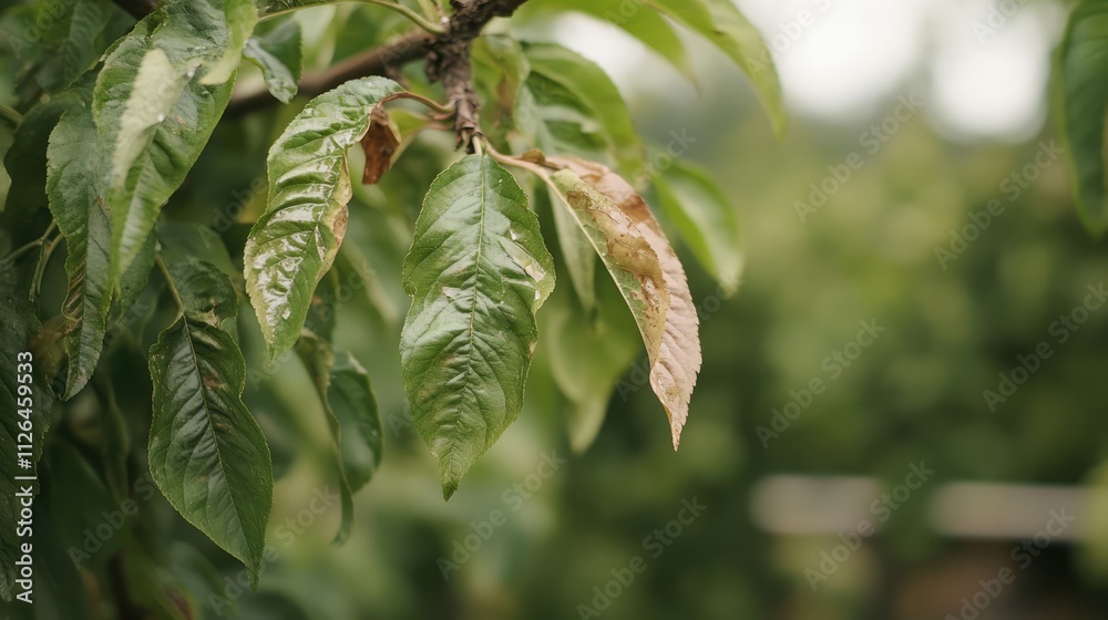 Damaged peach tree leaves affected by Taphrina fungus in a vegetable ...