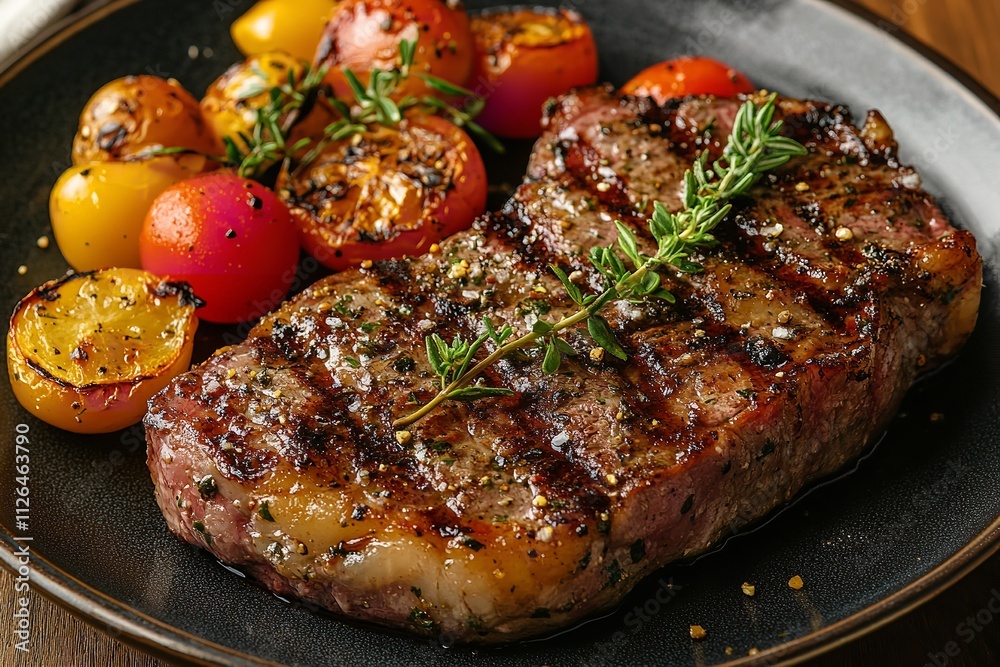 Very excellent grade marinated grilled rib-eye steak and veggies ...