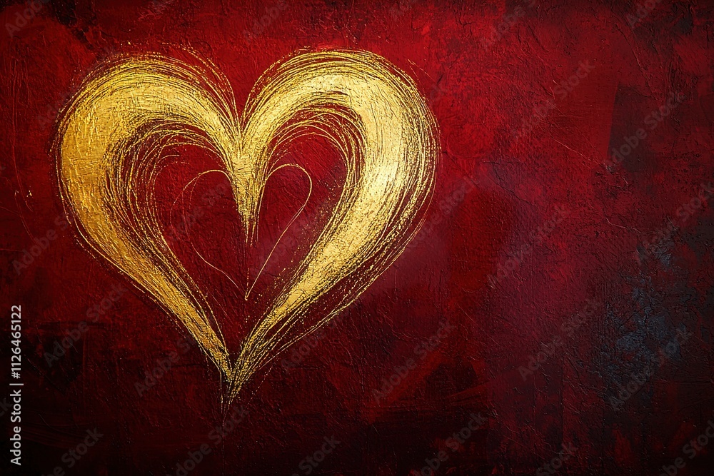single heart is drawn in flowing golden lines on textured deep red ...