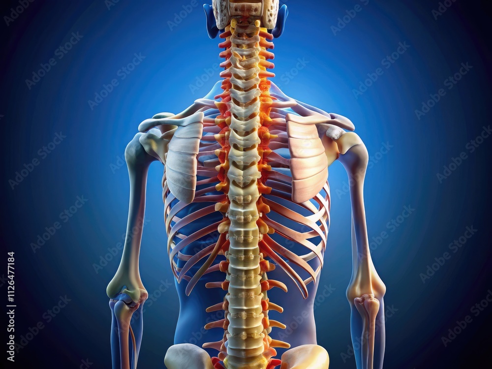 3D spine illustration: vertebral column, spinal cord, back pain relief ...