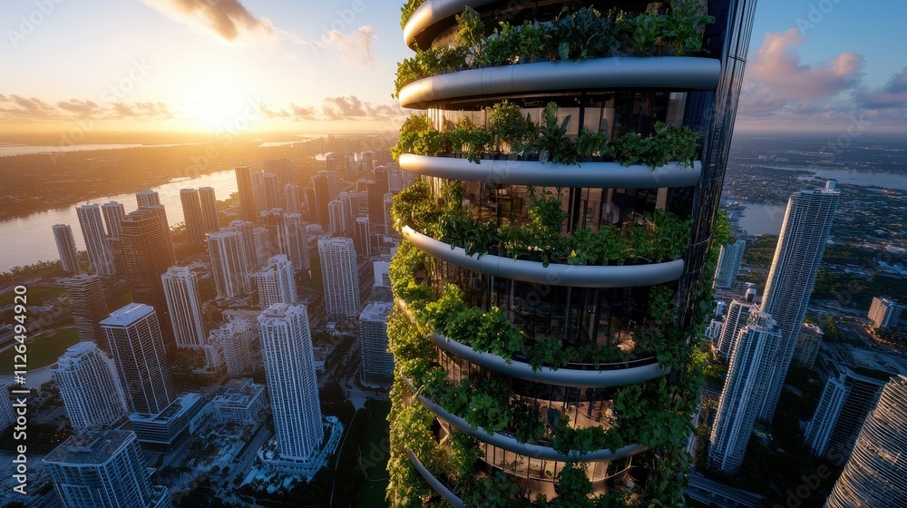 A striking high-rise building enveloped in vibrant green plants at ...