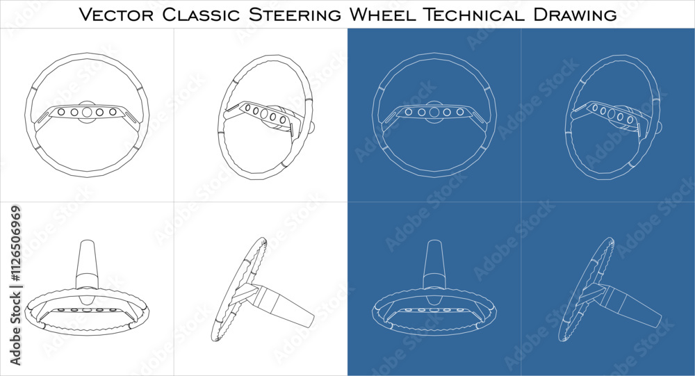 Classic Car Steering wheel vector line technical drawing set. blueprint ...