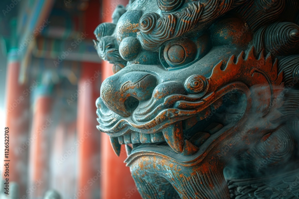Tibetan guardian snow lion statue enveloped in smoke within an ...