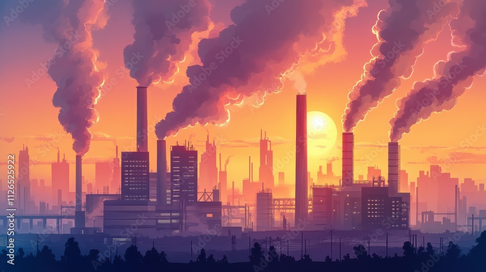 Industrial power plant with thick CO2 smoke from chimney. Pollution and ...