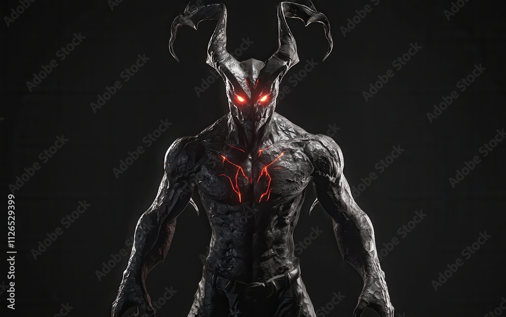 A 3D model of a humanoid demon with dark red skin, glowing eyes, and ...