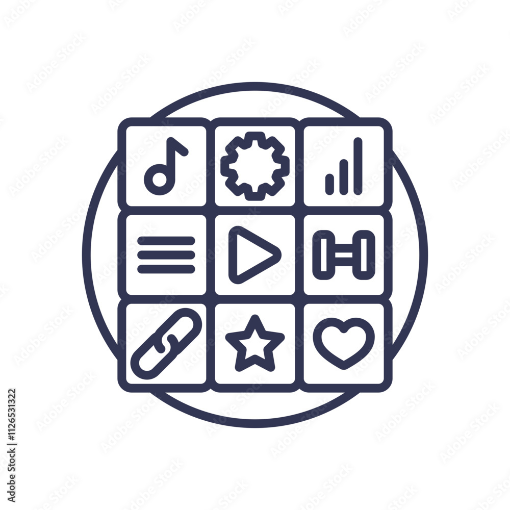 Icons representing diverse content types like music, video, and text ...