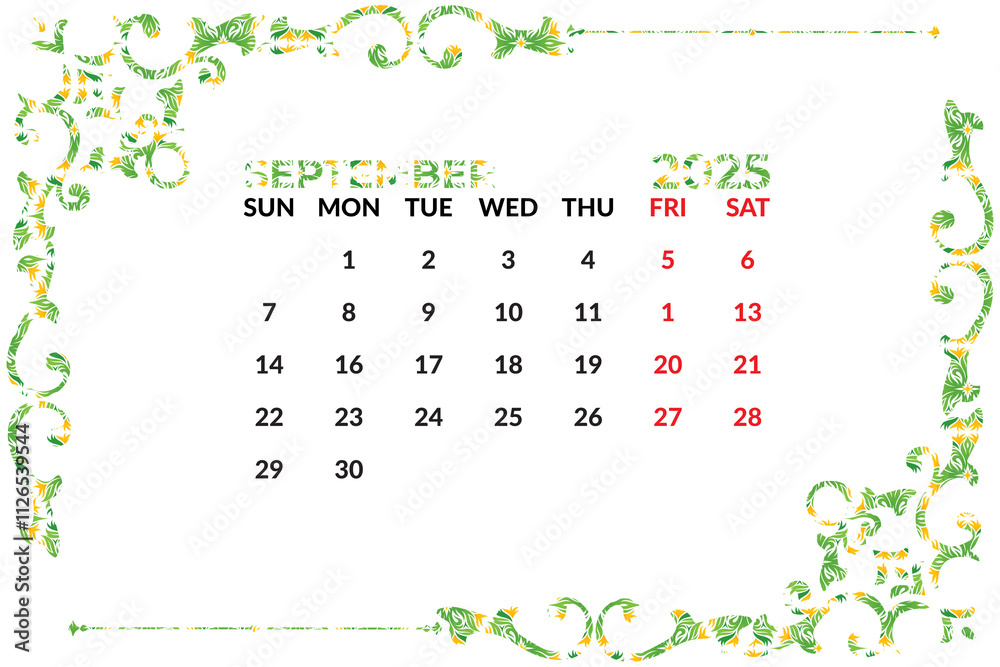 September 2025 simple calendar template with white background. Stock ...