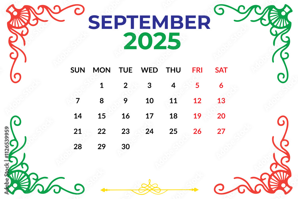 Monthly calendar template for september 2025 year. Diary planner in a ...