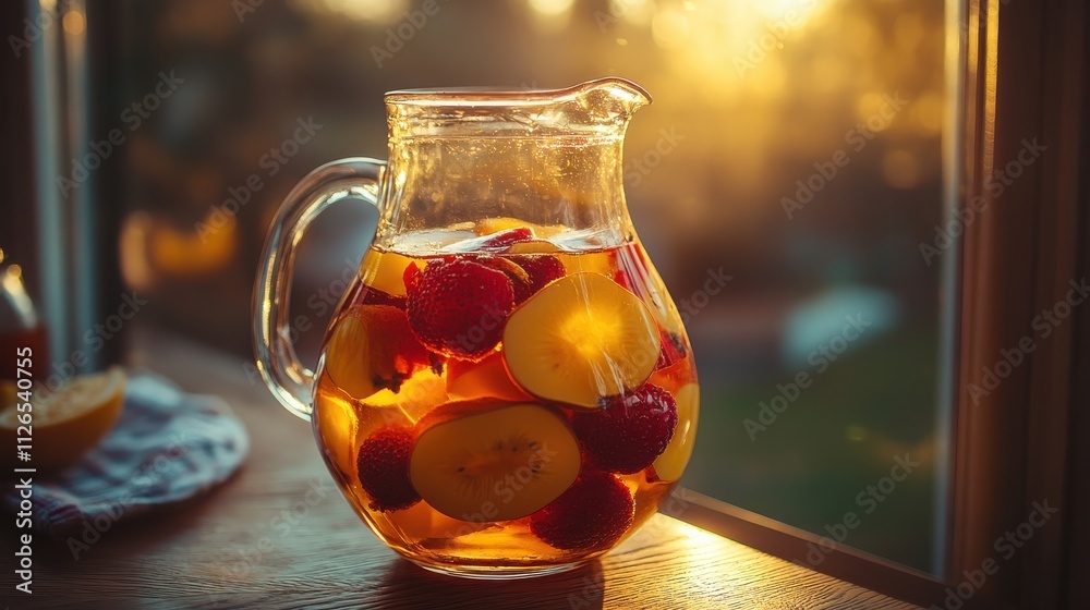 Sparkling cider in a glass jug with fresh fruit, New Year s family ...