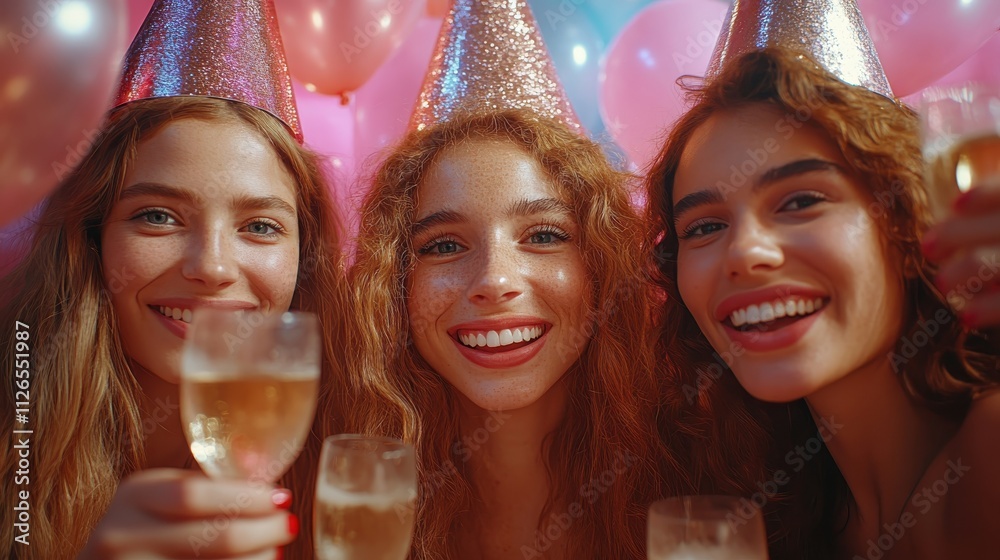Group of friends in party hats clinking glasses for New Year s cheers ...
