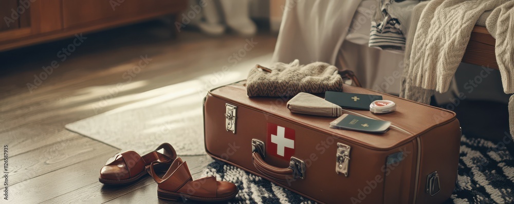 Suitcase with first aid kit, stylish clothes and passport on floor in ...