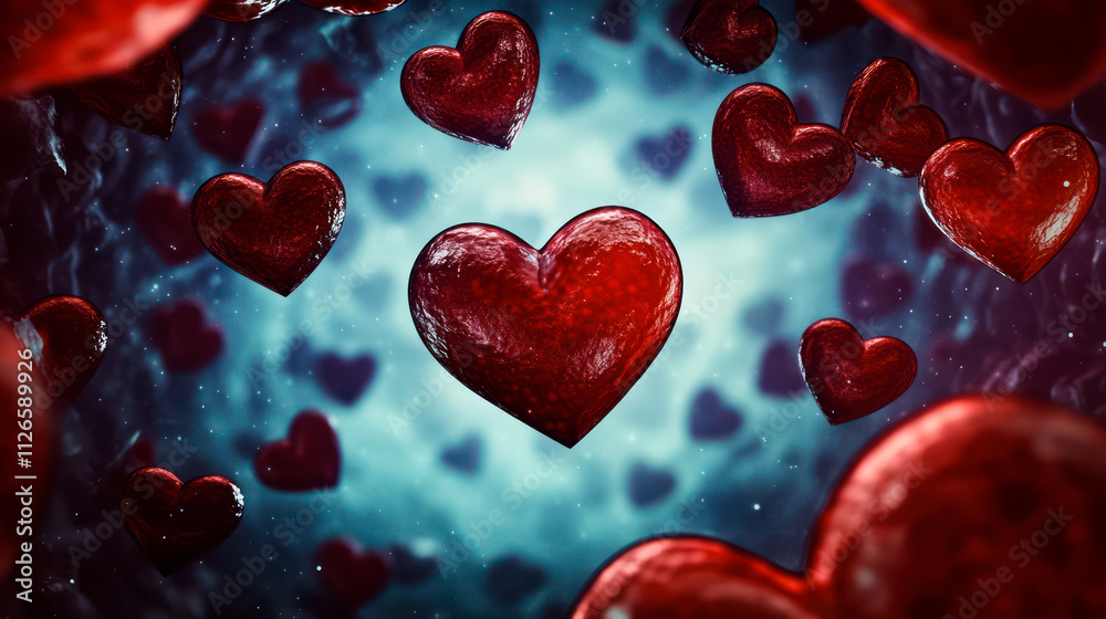 Red blood cells in shape of hearts inside of vessel, microscopic view ...