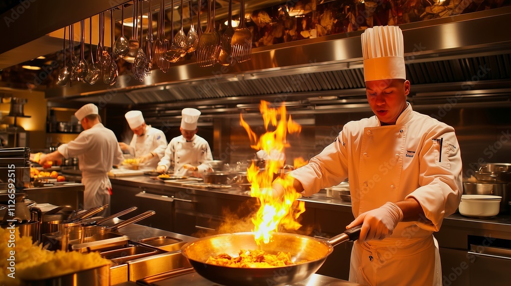 Chef cooking with fire in a wok in a restaurant kitchen Stock Photo ...