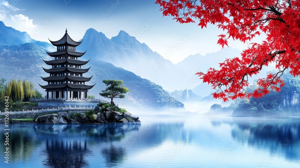 Serene misty landscape with traditional Chinese pagodas, a calm lake ...