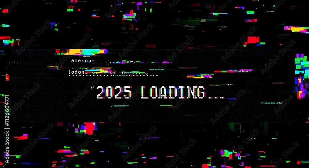 Glitchy 2025 loading screen with a retro futuristic glitch aesthetic, featuring a pixelated ...