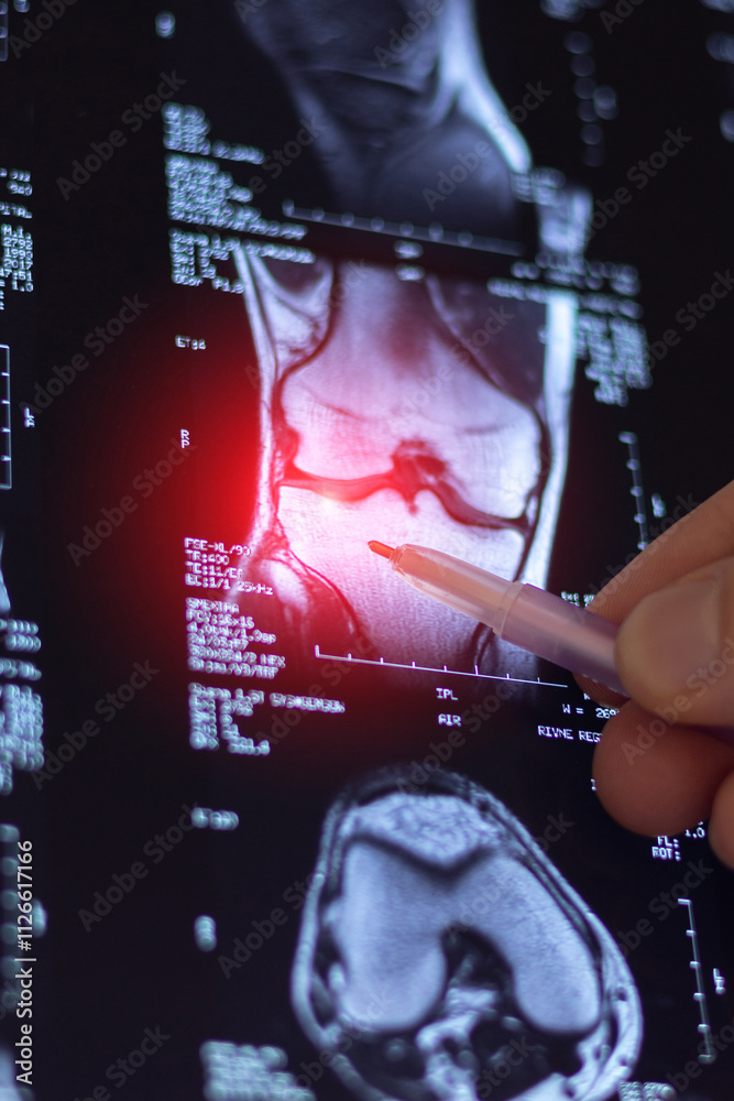 Doctor learning vertical Knee joint MRI. Assessing ligaments, cartilage ...