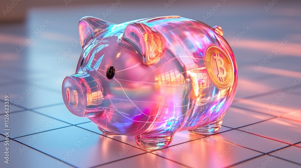 Holographic piggy bank features transparent design emitting digital ...