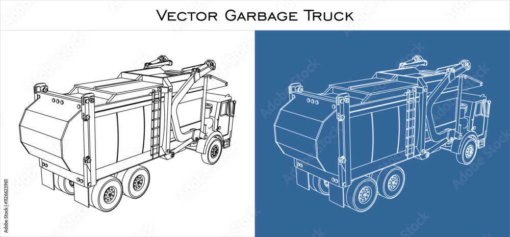 Rear view garbage truck Vector . illustration line drawing blueprint ...