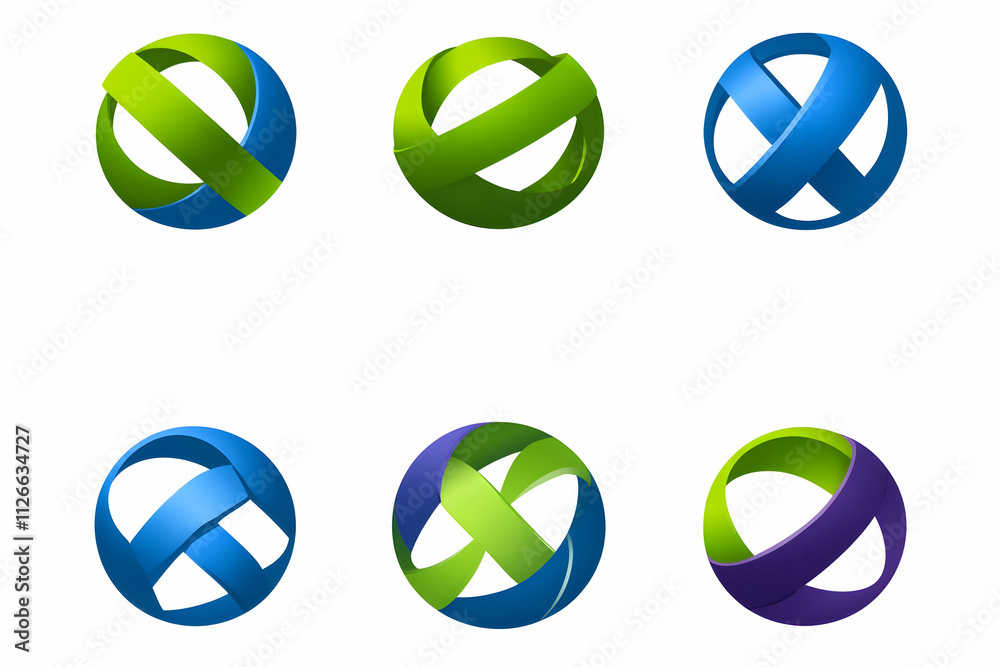 Six abstract 3D sphere logo designs in green and blue color palettes ...