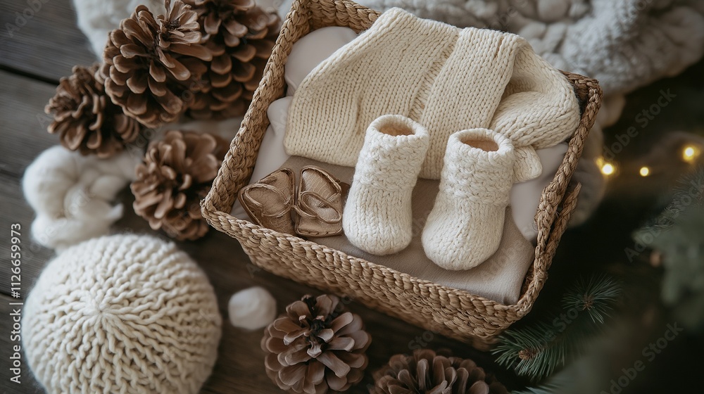 Thoughtful gift basket with gender-neutral baby garments, knitted ...