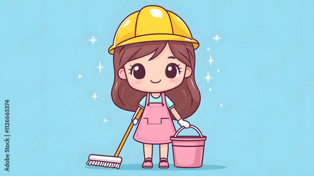 Kawaii-style cartoon mascot of a cleaning lady in pink apron and yellow ...