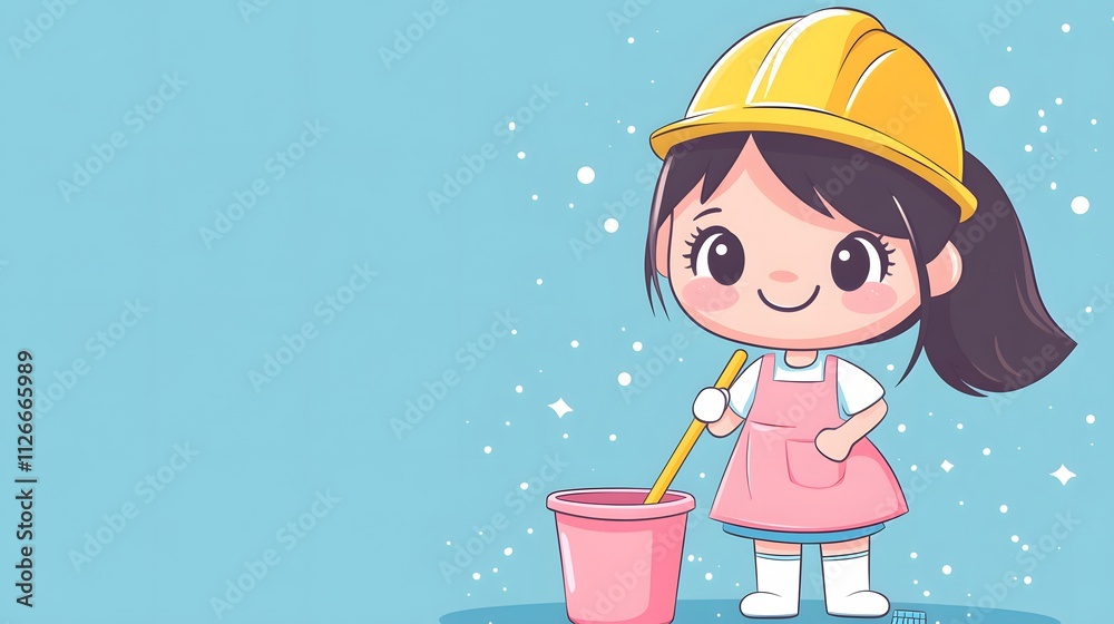 Kawaii-style cartoon mascot of a cleaning lady in pink apron and yellow ...