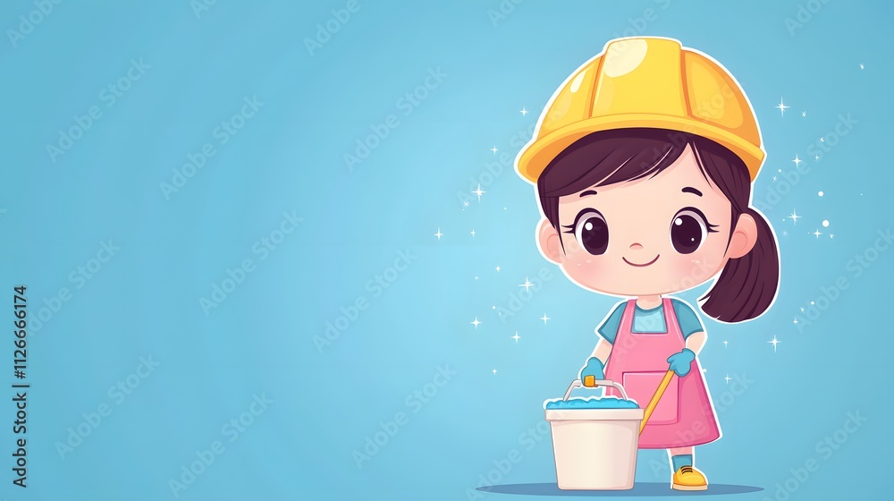 Kawaii-style cartoon mascot of a cleaning lady in pink apron and yellow ...