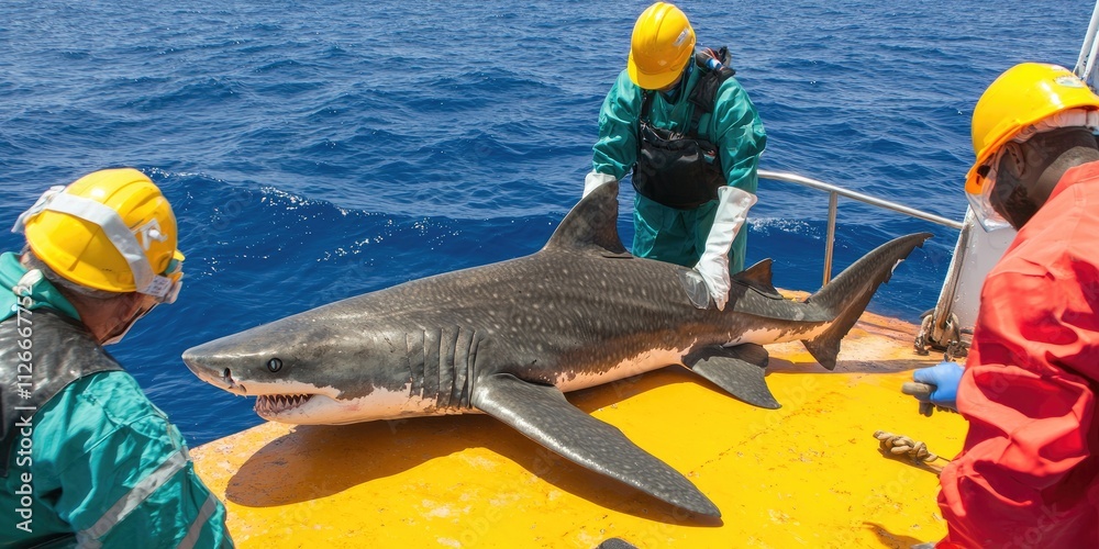 Researchers handling a large shark aboard a boat in deep blue ocean ...