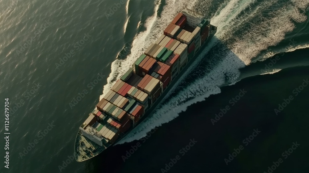 Aerial top view of a high-speed container ship navigating through ocean ...
