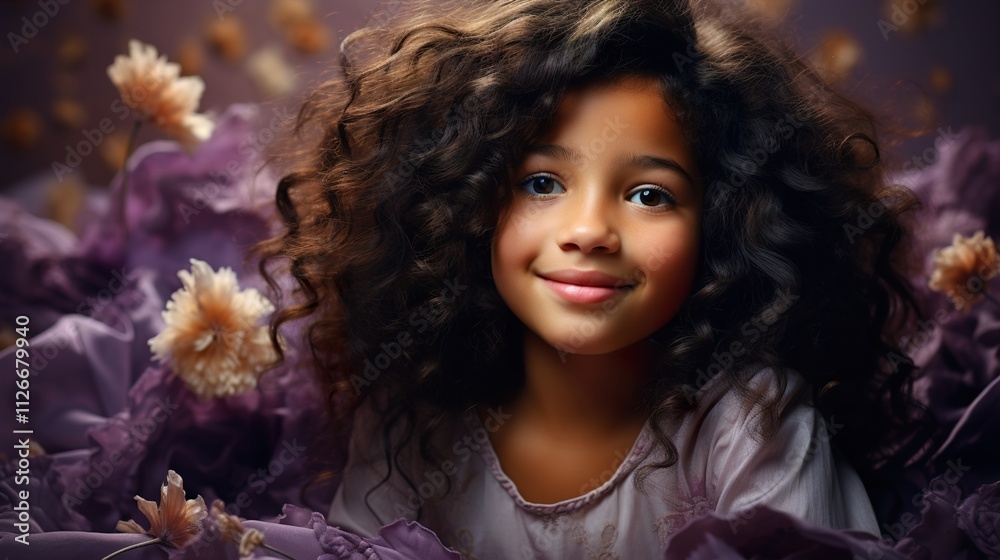 Cute little girl portrait on studio background, smiling child in purple ...
