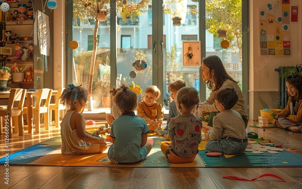 Happy sunny daycare poster. Morning circle time in a kindergarten ...