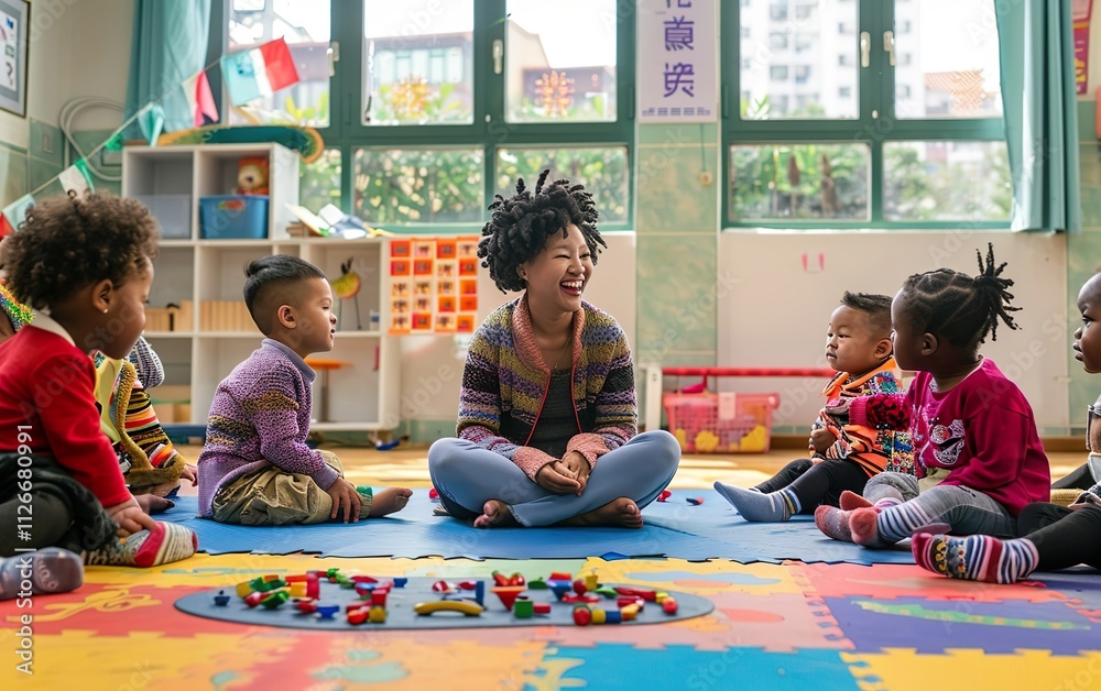 Photo Stock Happy sunny daycare poster. Morning circle time in a ...