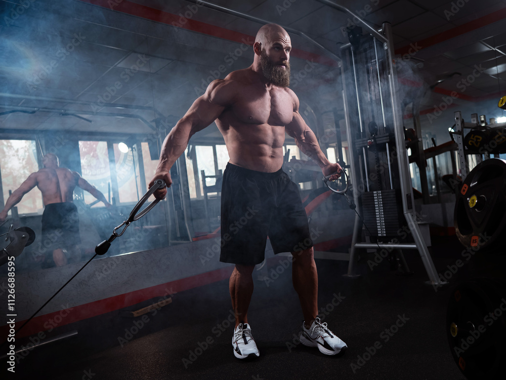 Bald Caucasian bodybuilder training chest using cable crossover in gym ...