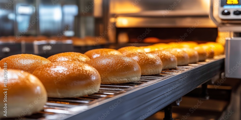 Automated Bakery Production Line with Freshly Baked Bread in a Commercial Bakery Setting Stock ...
