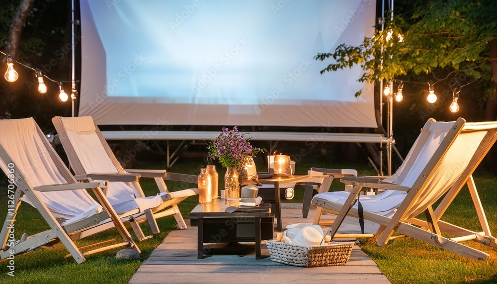 Cozy Outdoor Movie Night Setup with Large Projector Screen, Comfortable ...