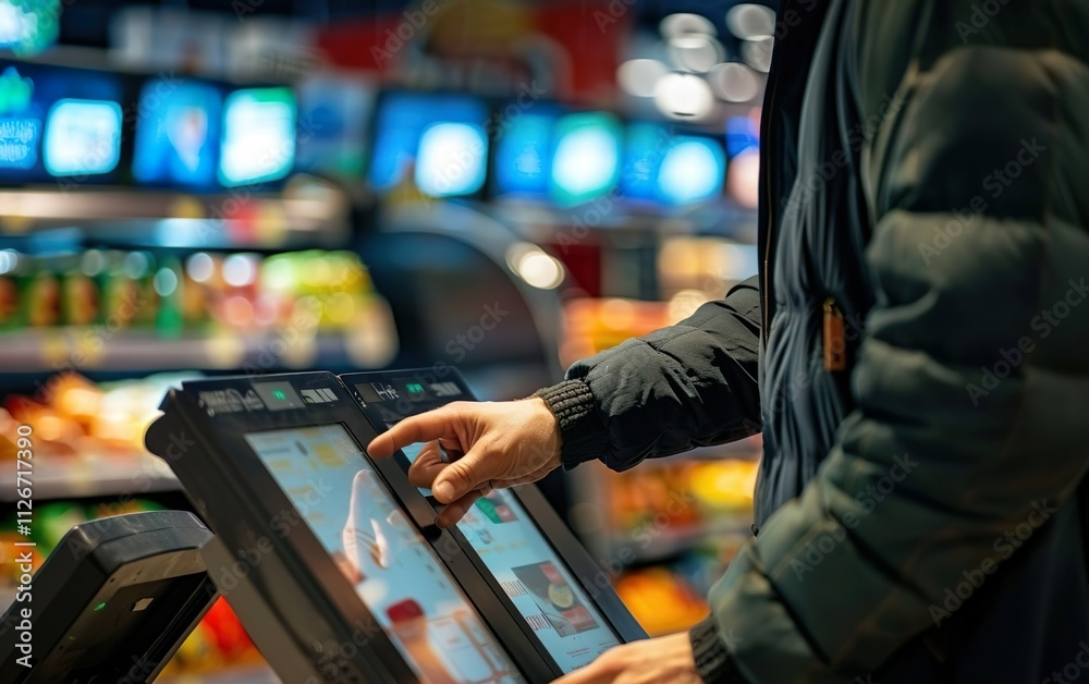 Closeup of male hands in a jacket using self check out machine on self ...