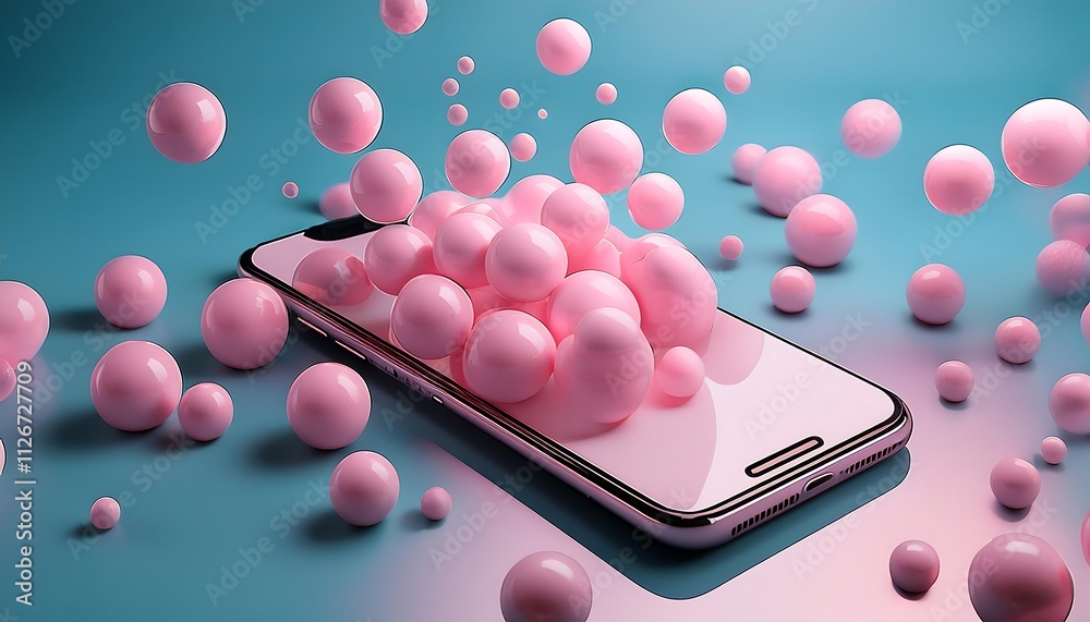 smartphone with pink bubbles floating around and on top of it, creating ...