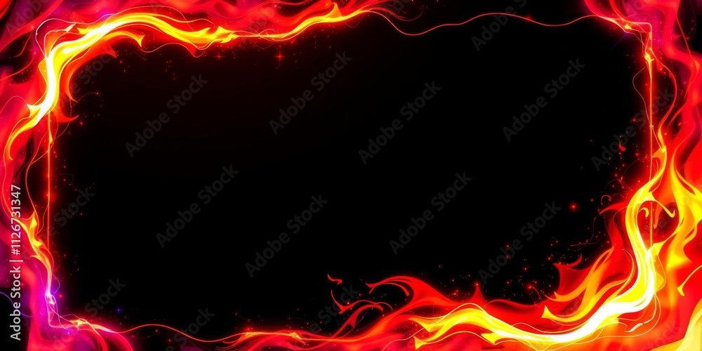 Blue and red fire border surrounding empty space on black background ...