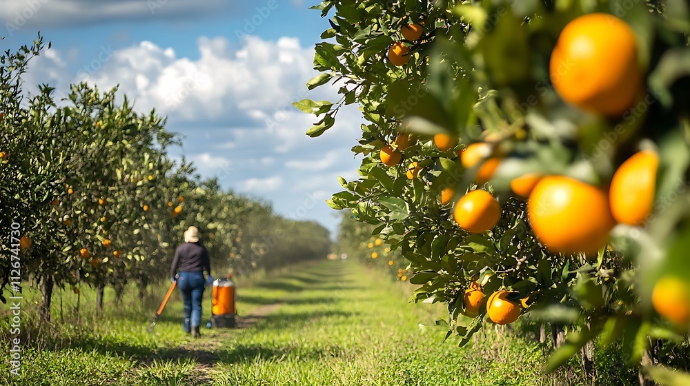 Foto de Stock 20. A farmer spraying insecticide over citrus trees in an ...