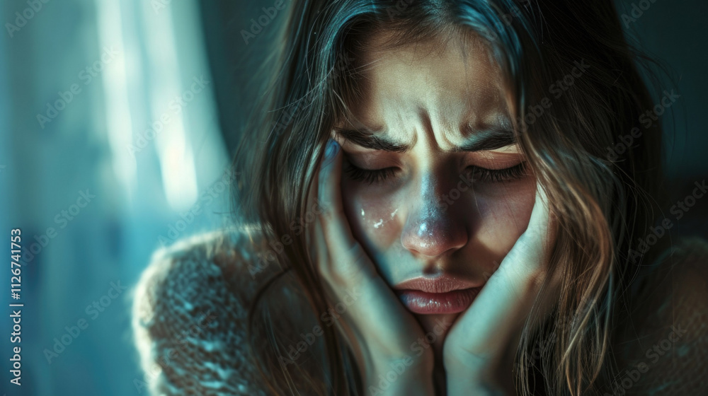 Emotional portrait of young woman with tears and closed eyes in cyan ...