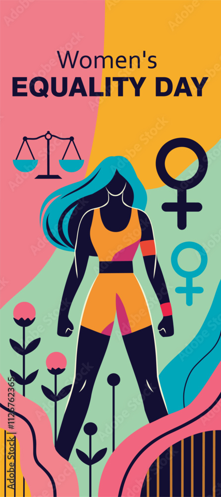 Gender equality and women empowerment. Women's day. Vector flat illustration strong woman ...