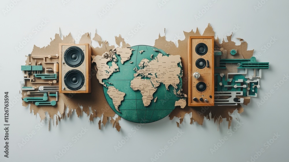 Global Music Connectivity: Vintage Speakers and World Map Globe on Torn ...