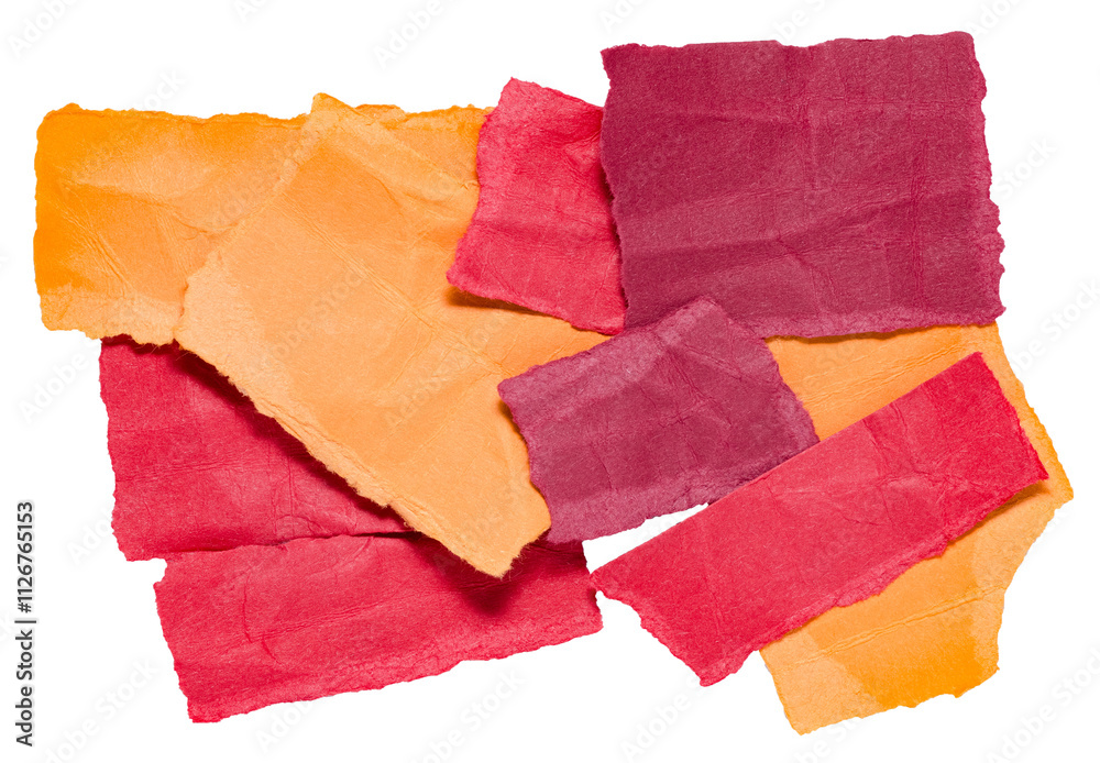 Stack of colorful red orange crumpled wrinkled crushed pieces scraps ...