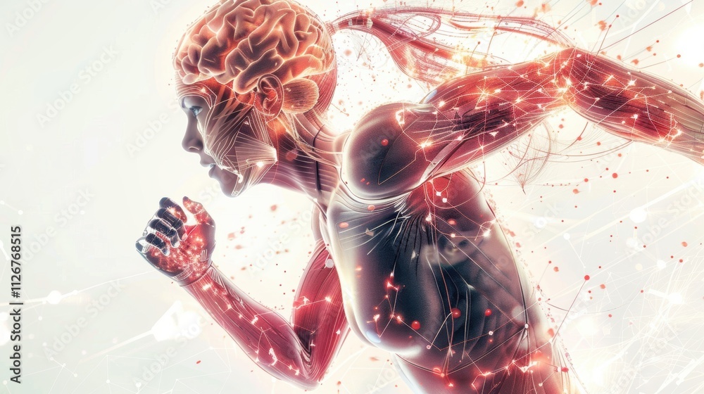 Futuristic 3D medical visualization of a strong woman running at high ...
