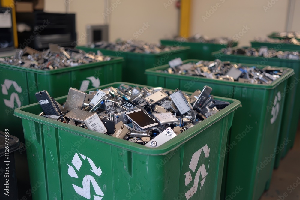 Electronic waste collection point, with labeled bins for batteries, old ...