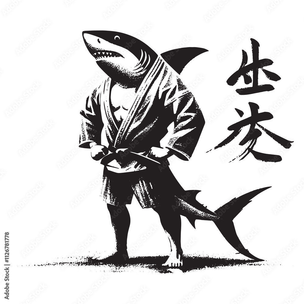 Shark fish doing wrestler wear sport outfit, in brush stroke with kanji ...