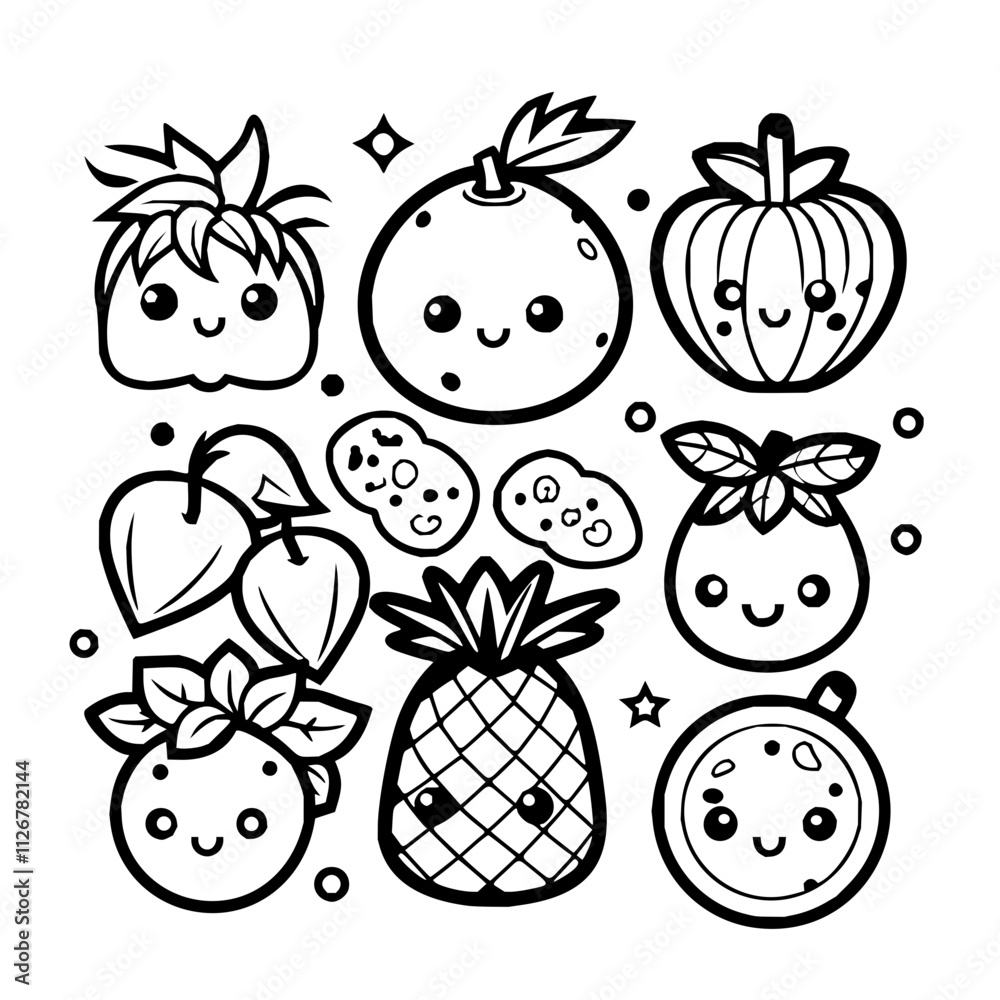 Kawaii fruit, food line art, vector line art, coloring page, cute fruit ...