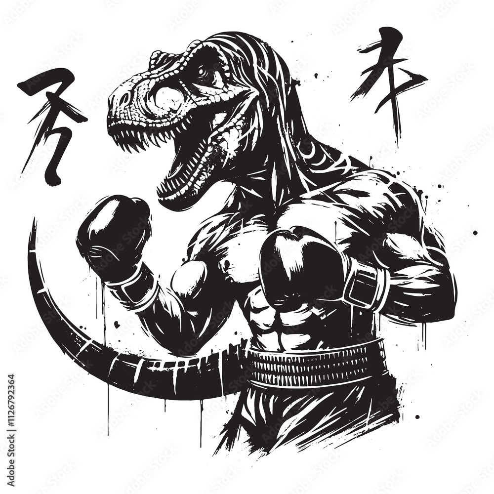 Tyrannosaurus doing boxing wear sport outfit, in brush stroke with ...