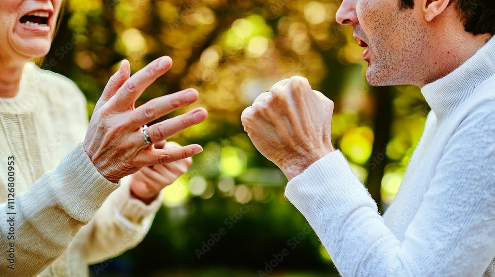 Angry confrontation between a man and a woman outdoors, conveying ...