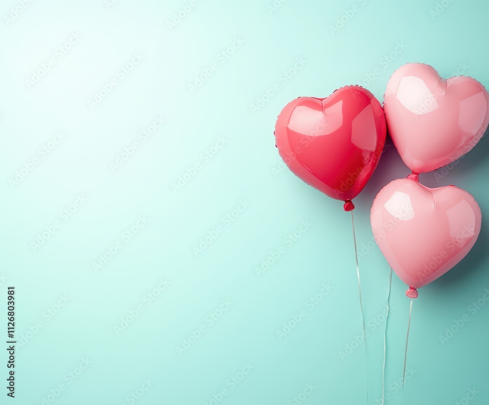 Soft pink heart balloons floating to the left of a pastel background ...